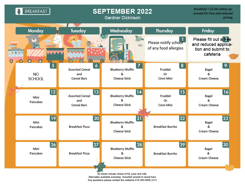 September Lunch and Breakfast Menus! – Wynantskill Union Free School ...