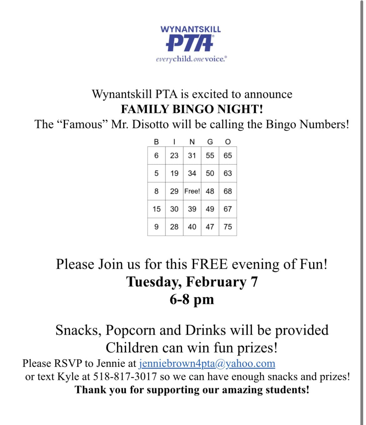PTA Family Bingo Night! 2/7/23 6-8pm – Wynantskill Union Free School ...